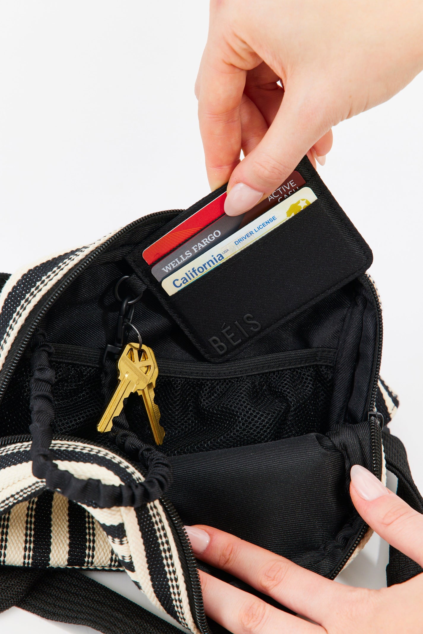 BÉIS 'The Belt Bag' in Black Stripe - Black Striped Crossbody Belt Bags ...